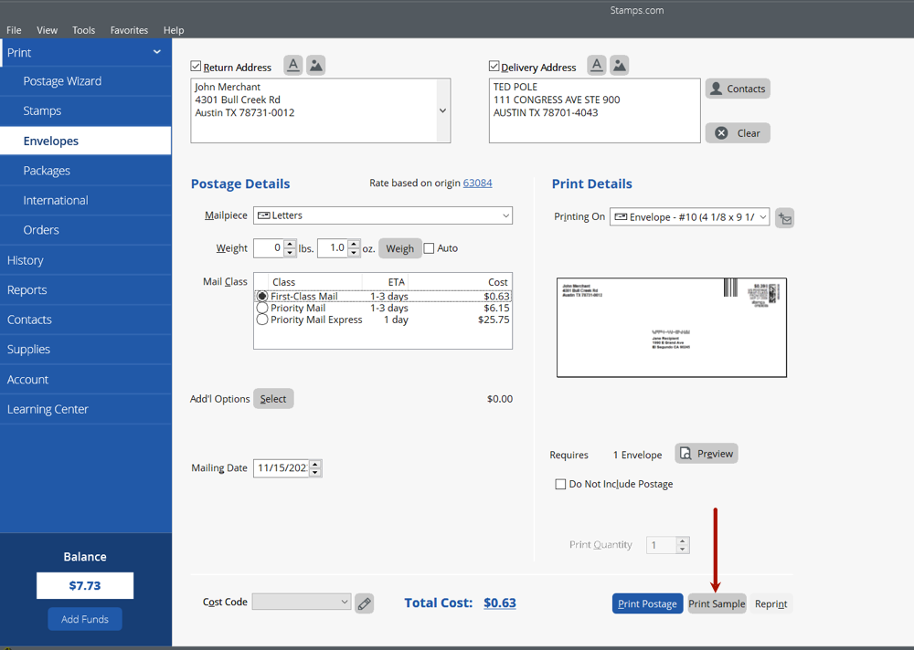 Print Sample Envelope – Stamps