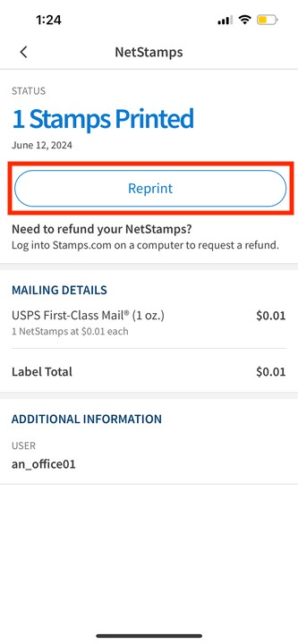 Reprint NetStamps in Stamps.com Mobile – Stamps