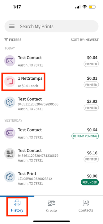 Reprint NetStamps in Stamps.com Mobile – Stamps